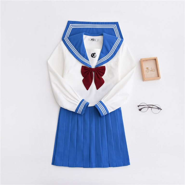 Light Blue Japanese Uniform For School Girls Long Sleeve Sailor Shirt ...